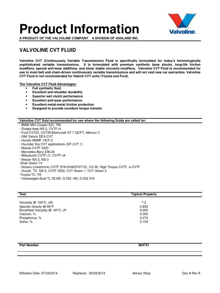 Product Information: Valvoline CVT Fluid | PDF