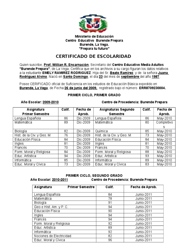 Certificacion de Escolaridad. Emely Ramirez. Prepara | PDF