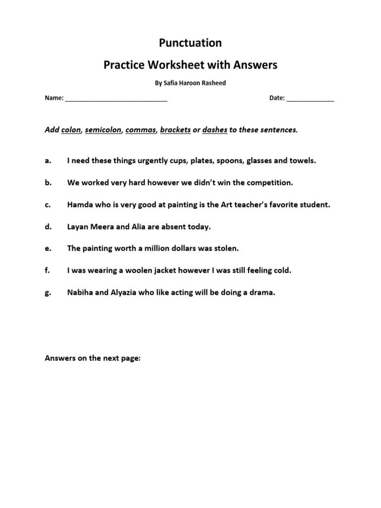 Punctuation Practice Worksheet With Answers: Add Colon, Semicolon ...