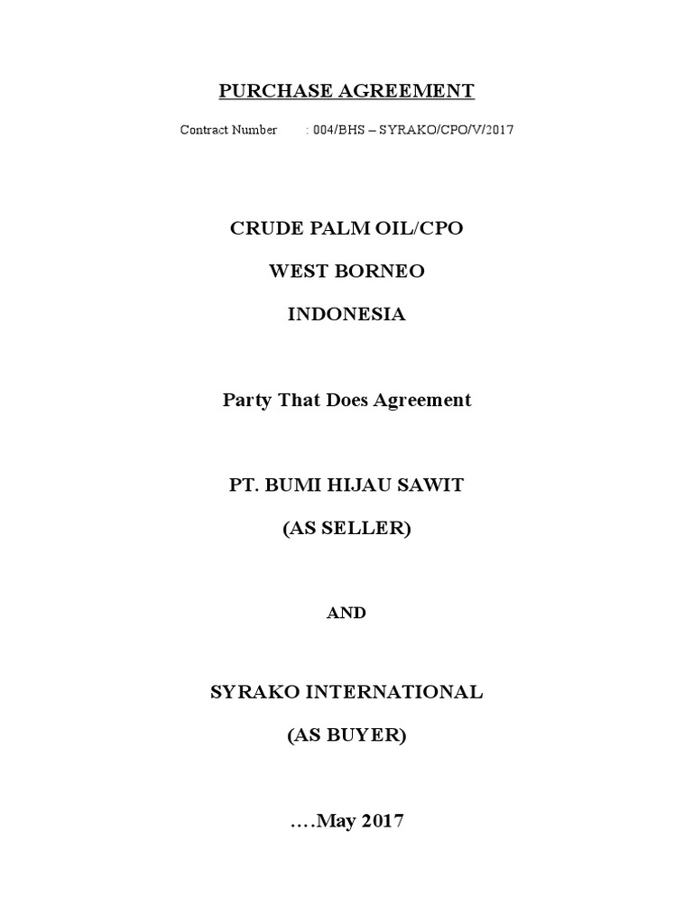 Purchase Agreement: Contract Number: 004/BHS - SYRAKO/CPO/V/2017 ...