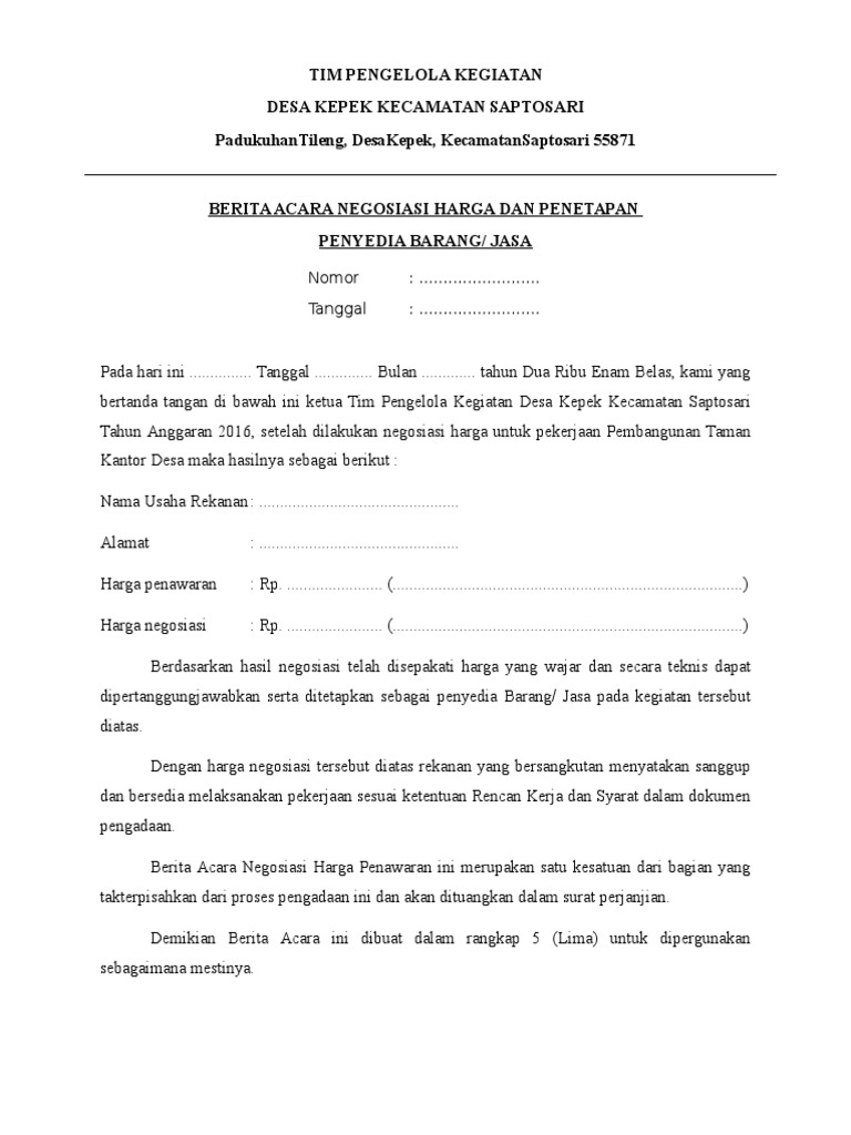 Contoh Surat Berita Acara Negosiasi Harga