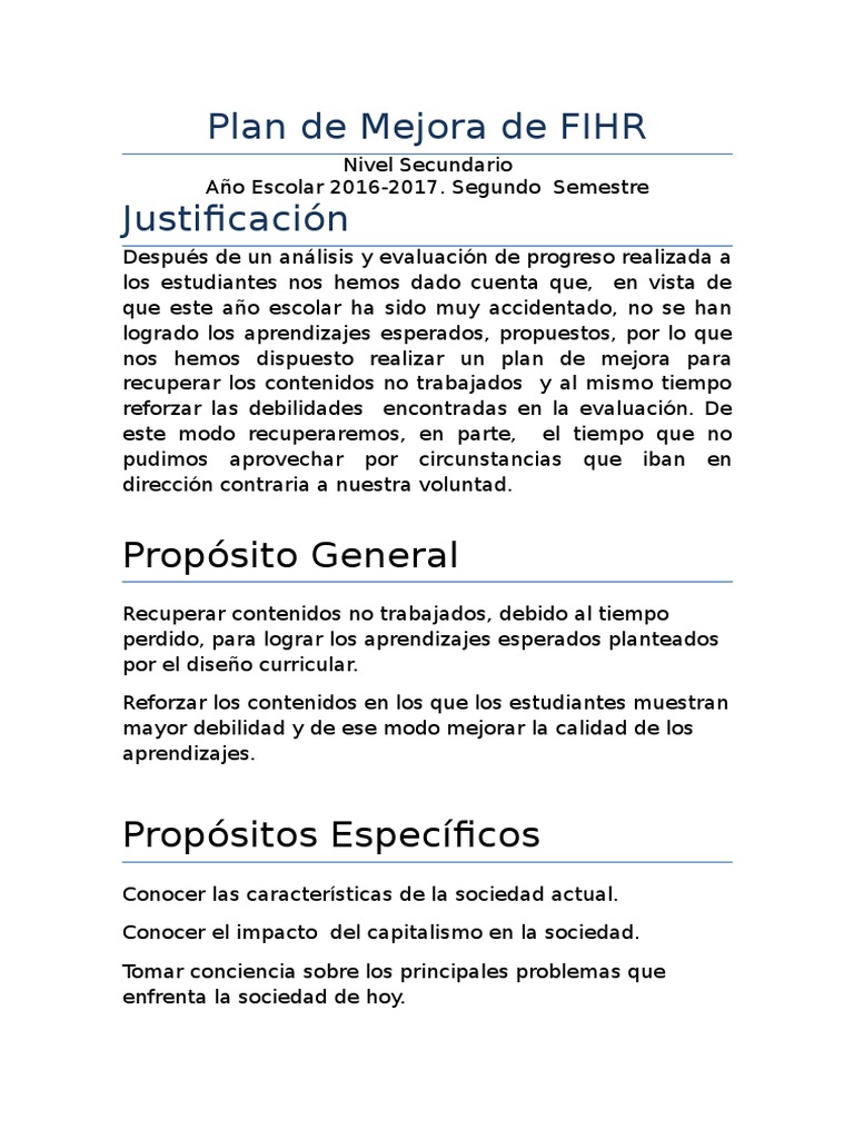 Plan de Mejora de FIHR | PDF | Planificación | Evaluación