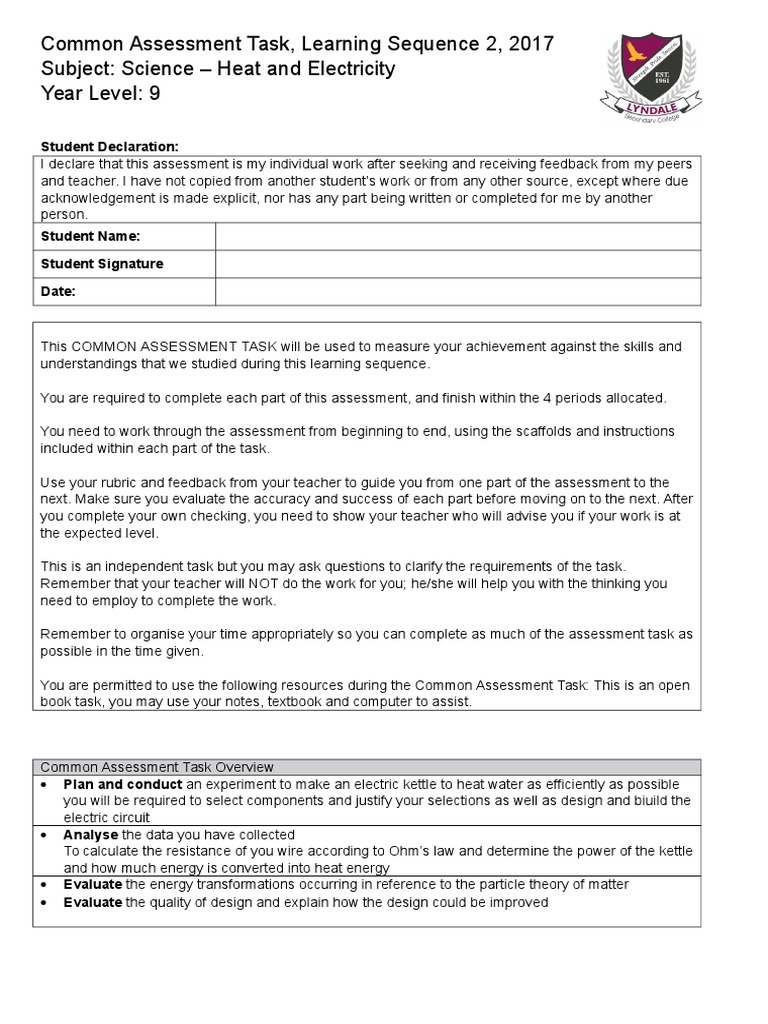Year 9 Science: Heat & Electricity Task | PDF | Educational Assessment ...