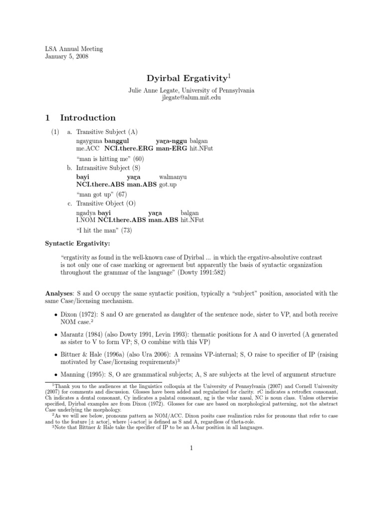 Dyirbal Syntax: Reconsidering Syntactic Ergativity and Subjecthood in ...