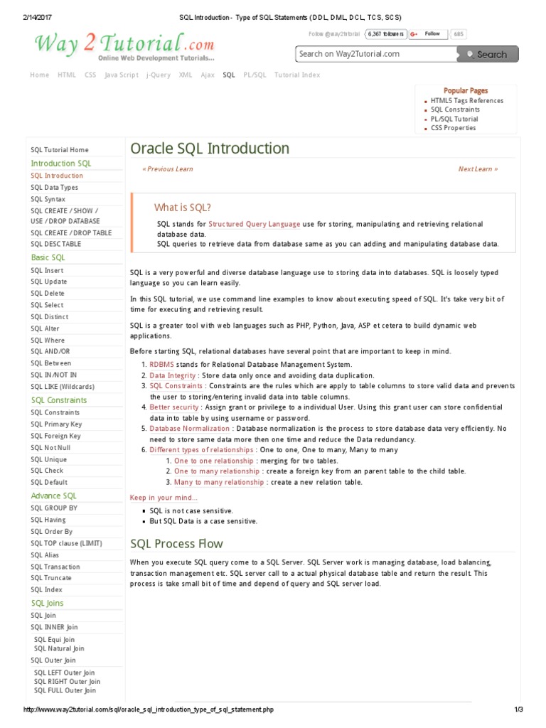 Sql Introduction Type Of Sql Statements Ddl Dml Dcl Tcs Scs Pdf Sql Databases