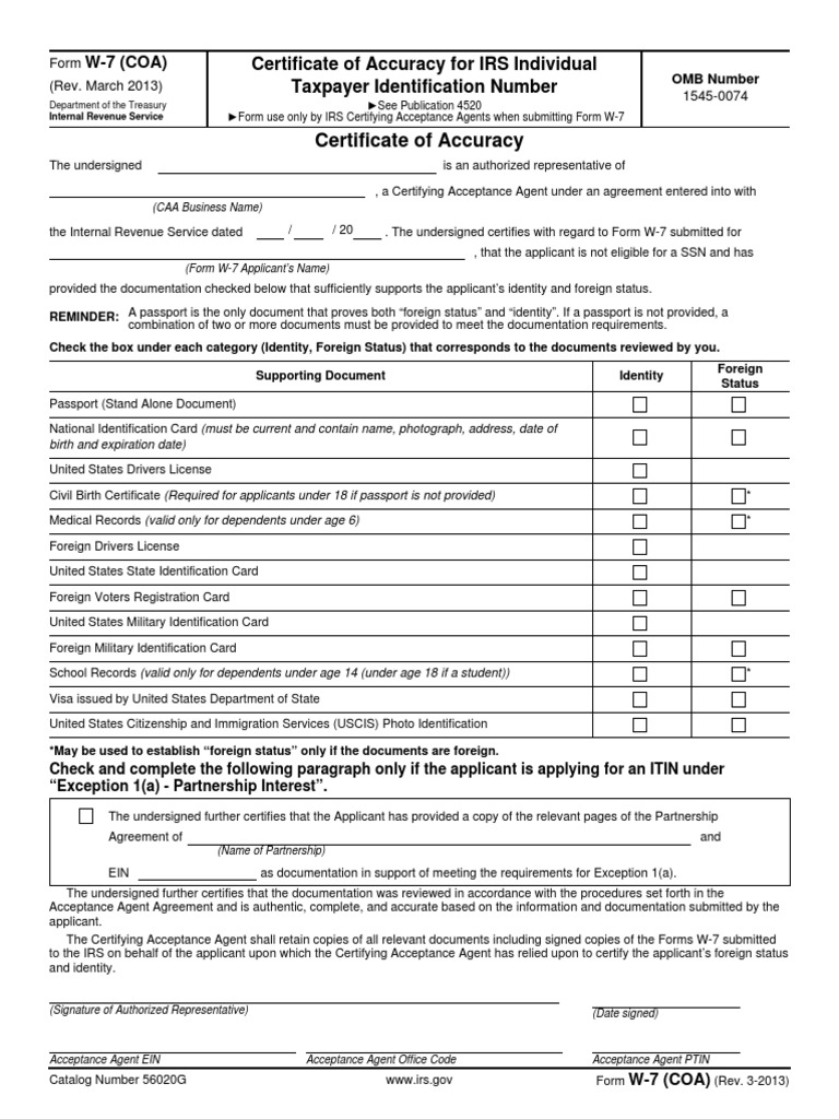 Certificate of Accuracy For IRS Individual Taxpayer Identification ...