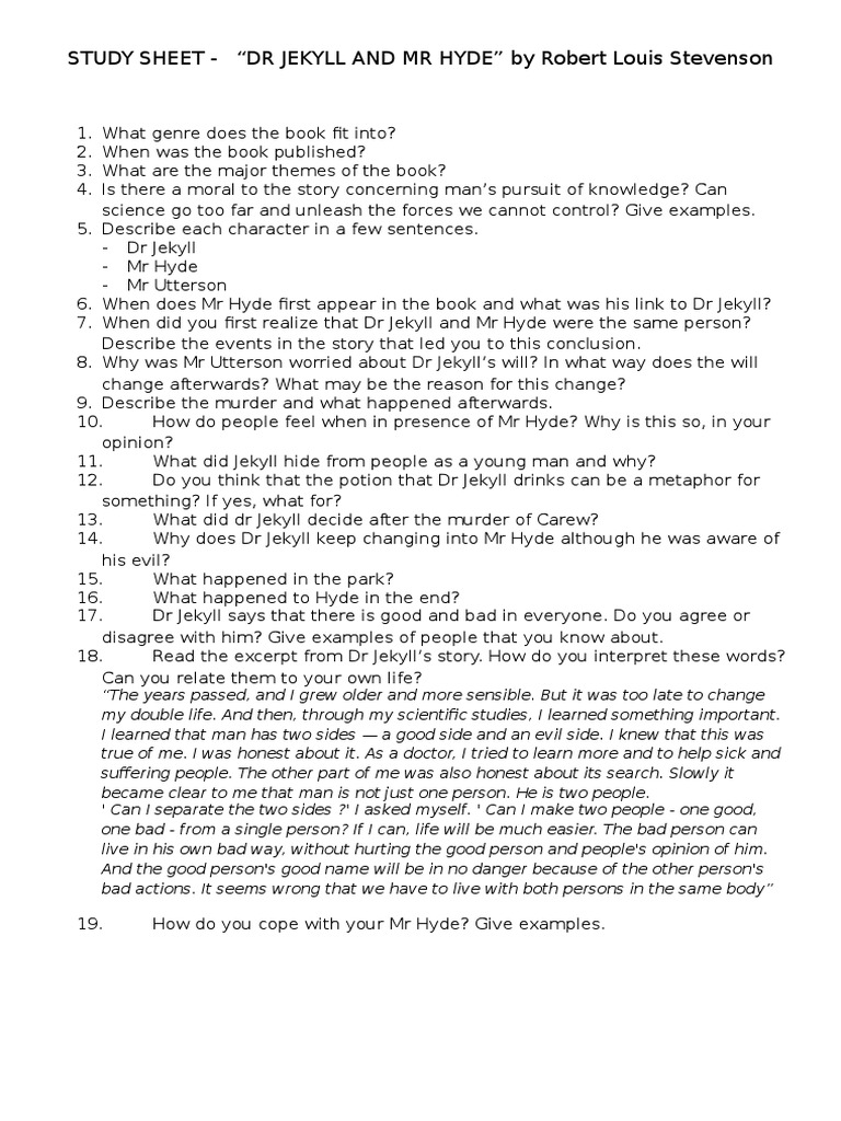 STUDY SHEET - DR Jekyll and MR Hyde | PDF | Strange Case Of Dr Jekyll ...