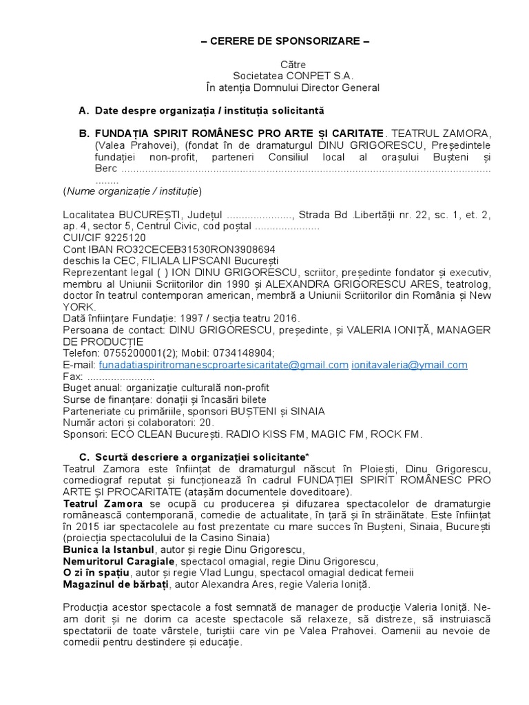 Cerere de Sponsorizare - Model | PDF