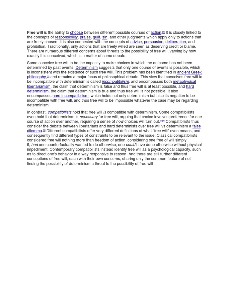 Free Will Is The Ability To: Choose Action Responsibility Praise Guilt ...