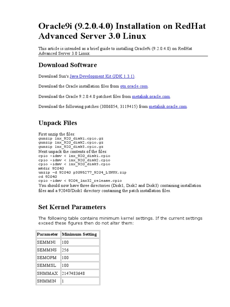 Oracle9i 9 2 0 4 0 Installation On Redhat Advanced Server 3 0 Linux Pdf Oracle Database