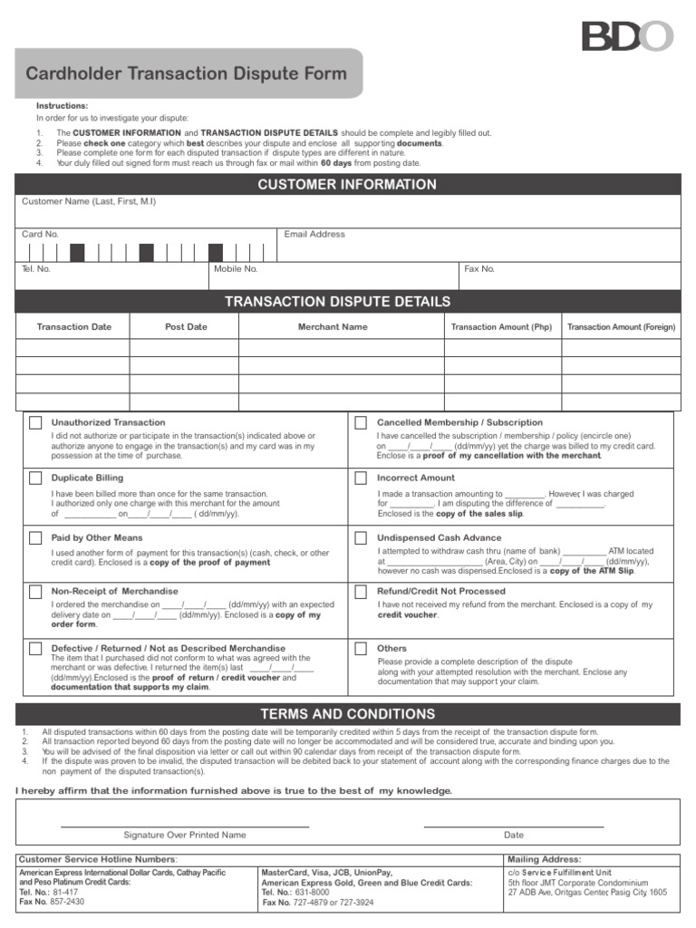 Cardholder Transaction Dispute Form: Customer Information | PDF ...