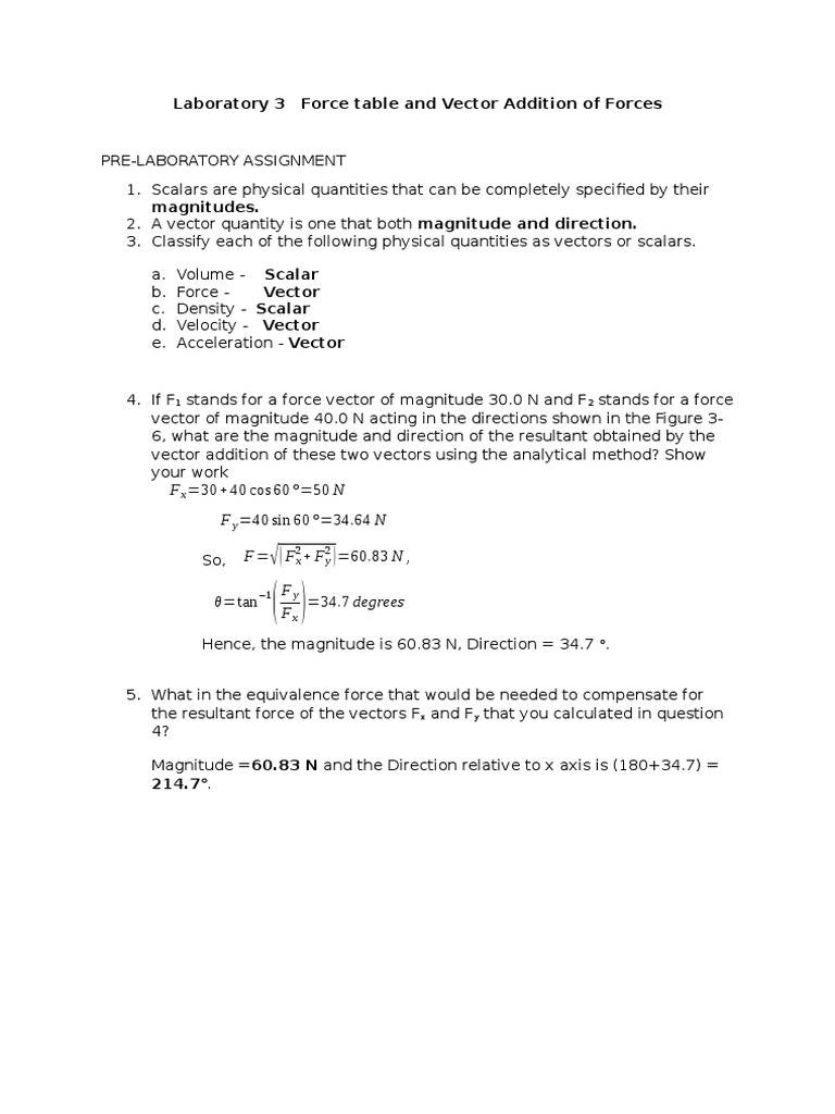 Force table and vector addition Lab Report | Euclidean Vector | Force