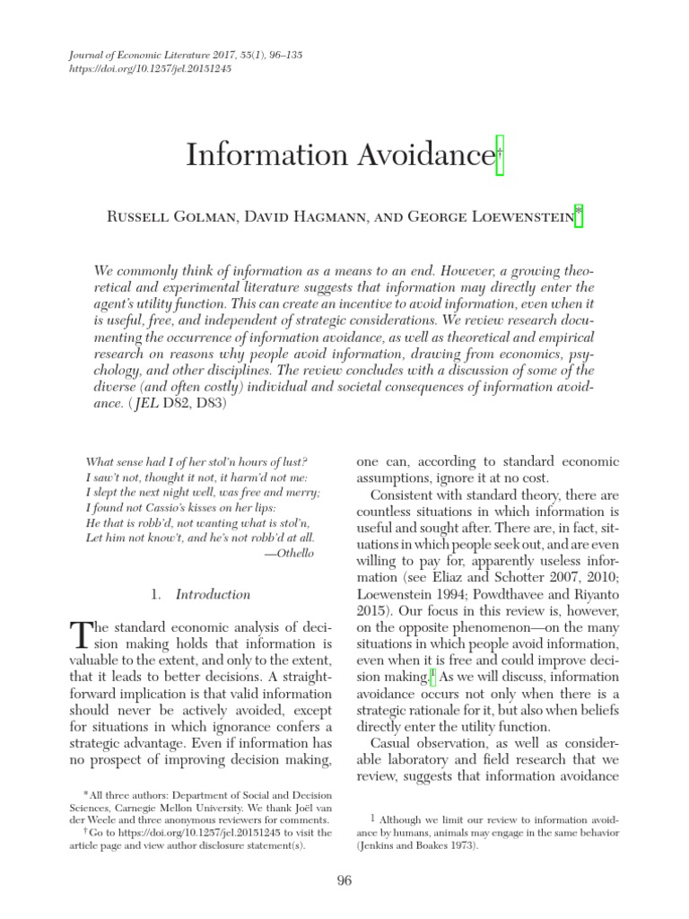 Information Avoidance | PDF | Utility | Risk