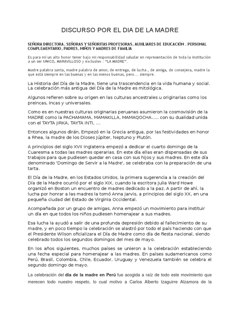 Discurso Por El Dia de La Madre | PDF | Amor | Perú