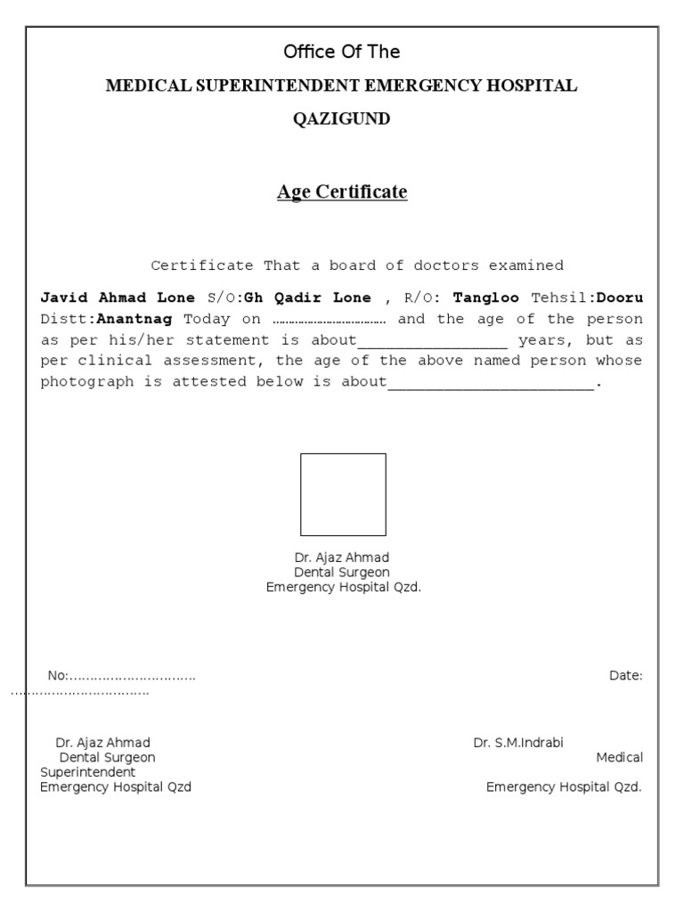 Age Certificate: Medical Superintendent Emergency Hospital Qazigund ...