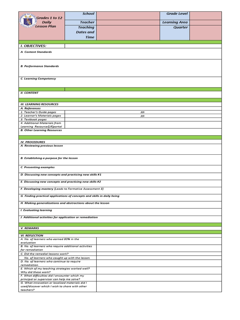 Daily Lesson Plan Template Grades 1-12 | PDF