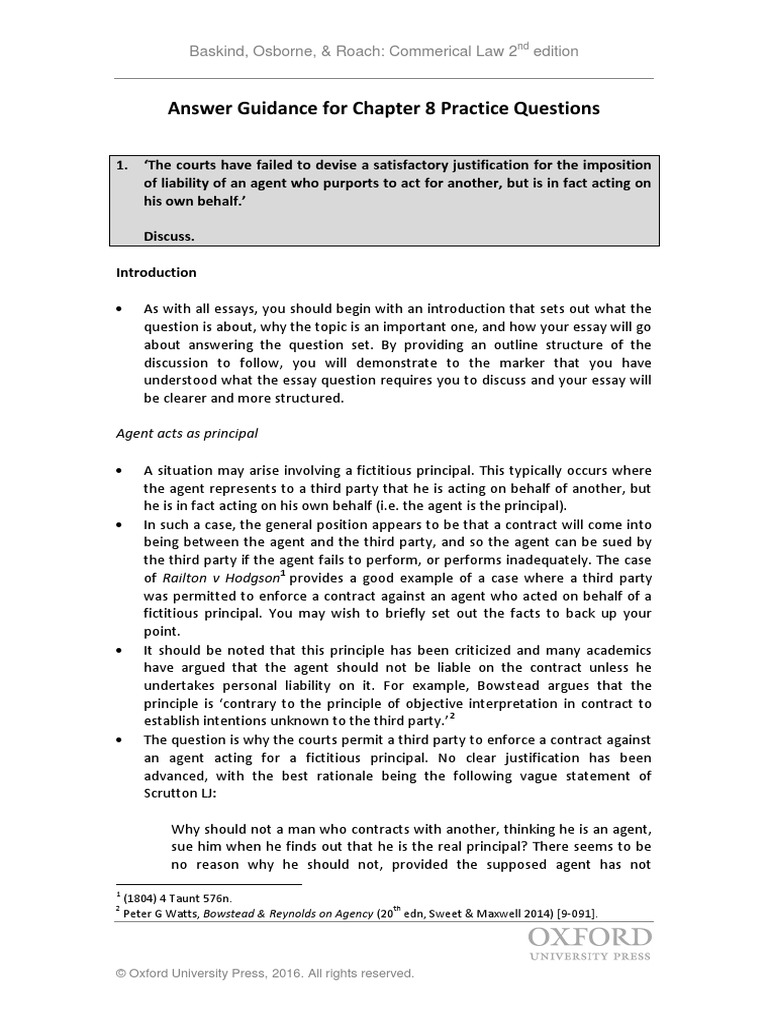 Answer Guidance For Chapter 8 Practice Questions | PDF | Law Of Agency | Private Law
