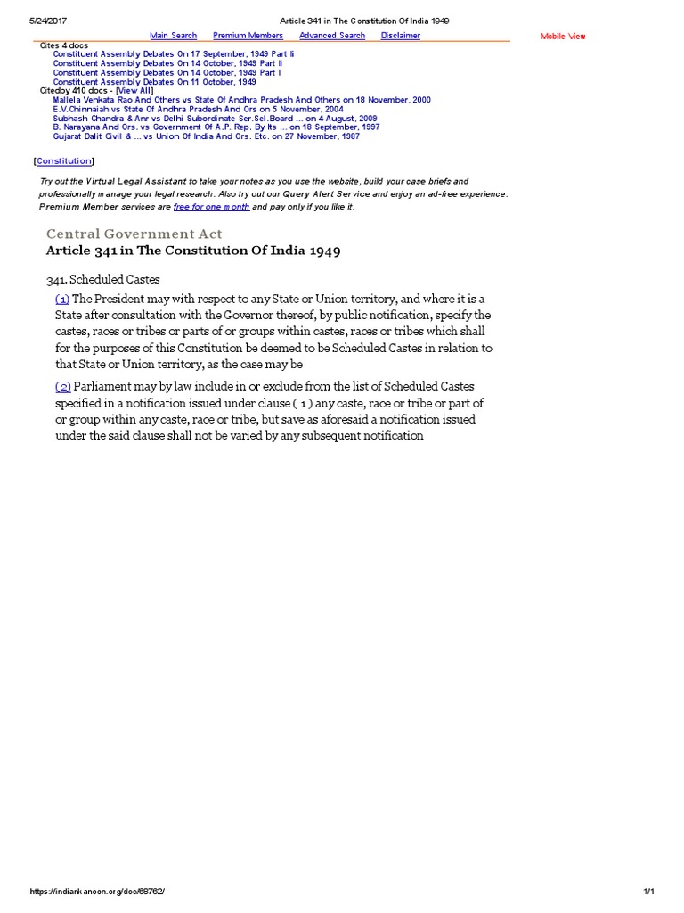 Article 341 in The Constitution of India 1949 | PDF