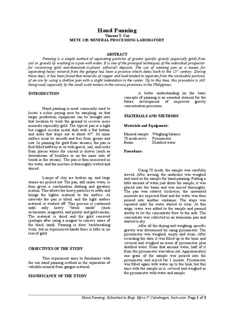 Hand Panning: Vincent T. Cui Mete 128: Mineral Processing Laboratory ...