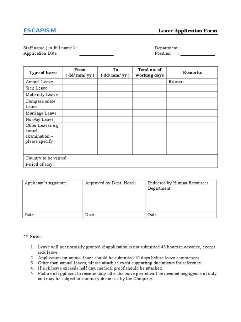 Leave Application Form Template | PDF | Career & Growth | Finance ...