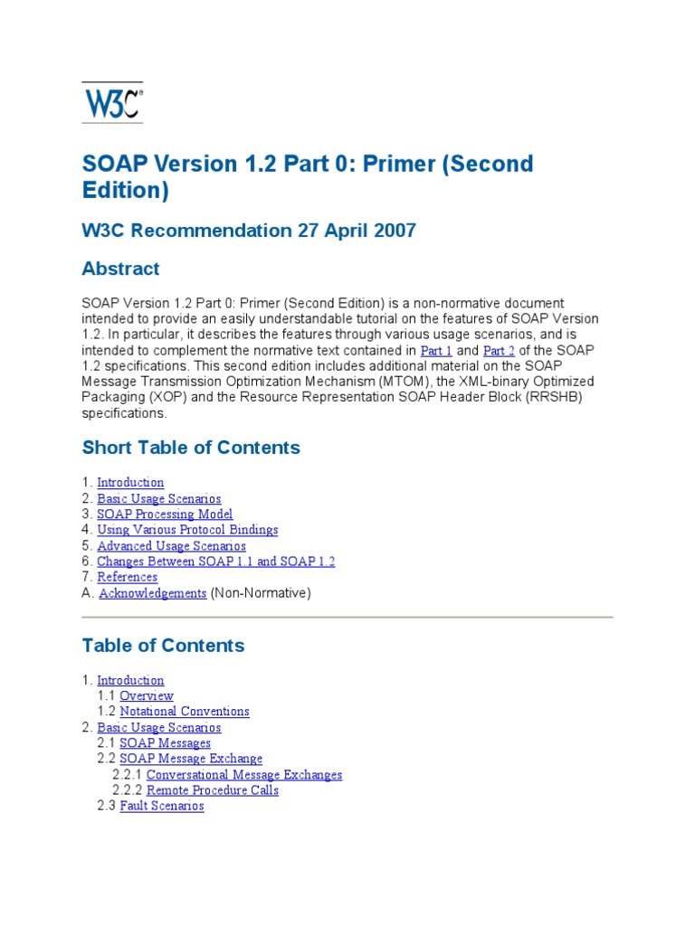 SOAP Version 1.2 Part 0: Primer (Second Edition) : W3C Recommendation 27 April 2007 | PDF | Soap ...