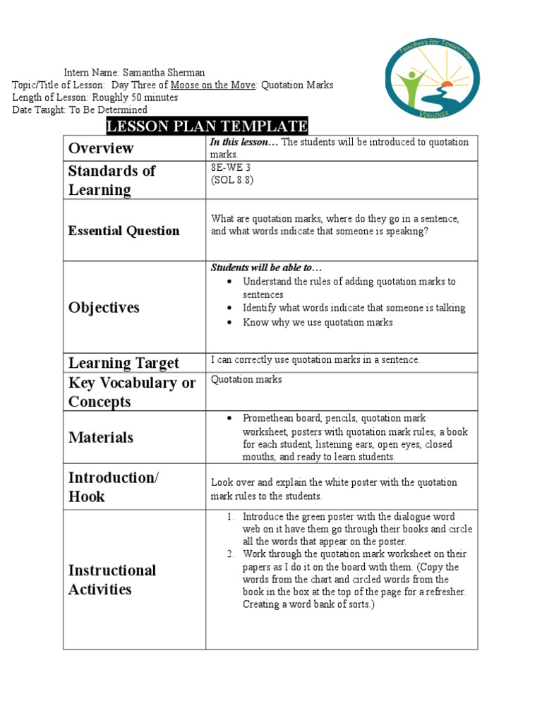 Lesson Plan Template: Standards of Learning | PDF | Quotation Mark ...