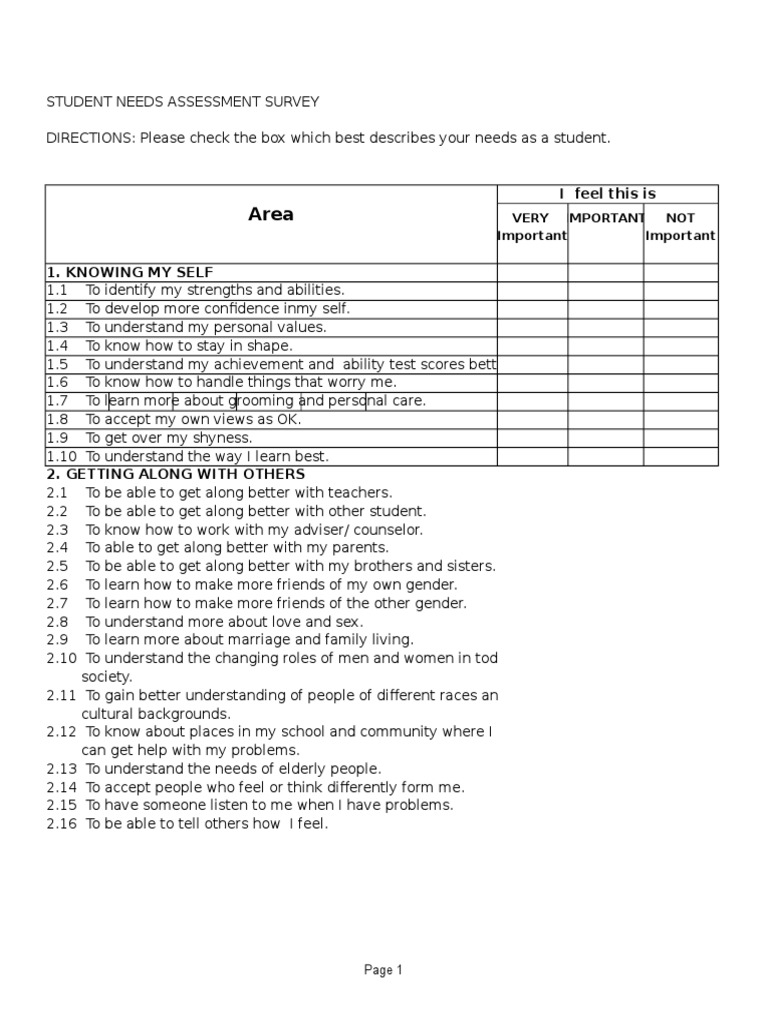 Student Needs Assessment Survey. | PDF | Sibling | Educational Assessment