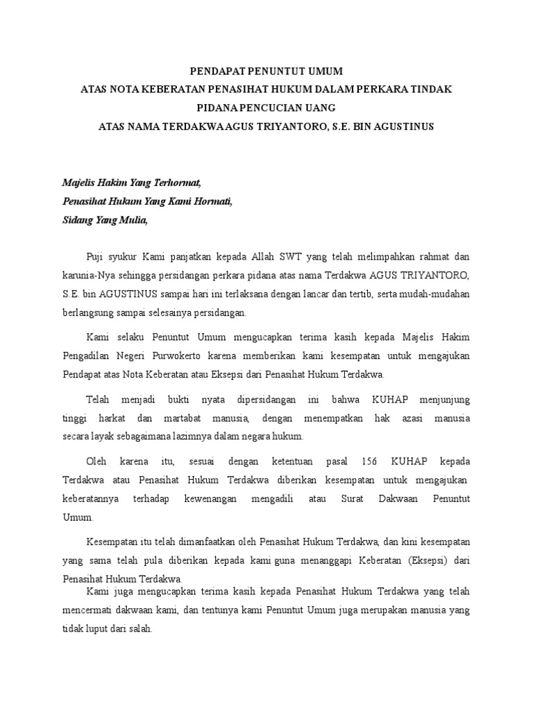 Pendapat Penuntut Umum atas Nota Keberatan | PDF