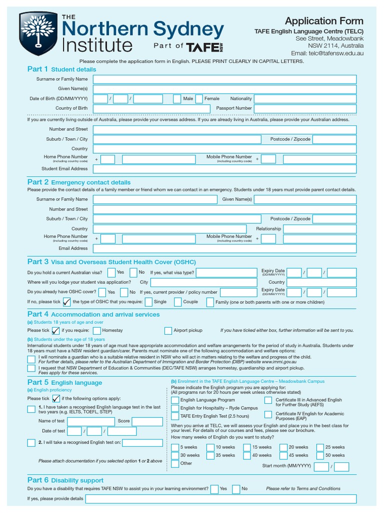 TAFE NSI English Application Form | PDF | Fee | Government