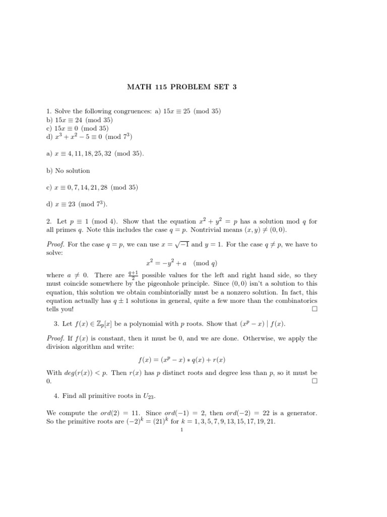 Math 115 Problem Set 3 Solutions Pdf Quadratic Equation Equations