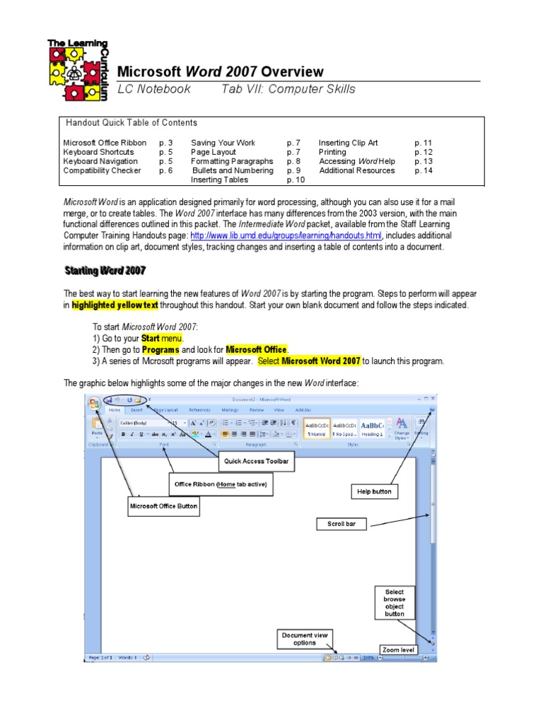 Microsoft Word 2007 Overview: LC Notebook Tab VII: Computer Skills ...