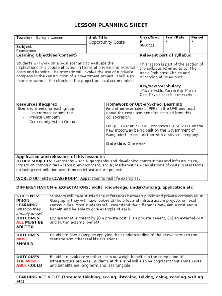 Lesson Planning Sheet: Opportunity Costs | PDF | Public–Private ...