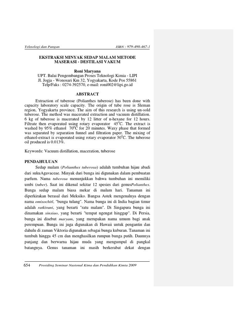 D 11 Ektraksi Minyak Sedap Malam Metode Maserasi - Destilasi Vakum Roni Maryana | PDF
