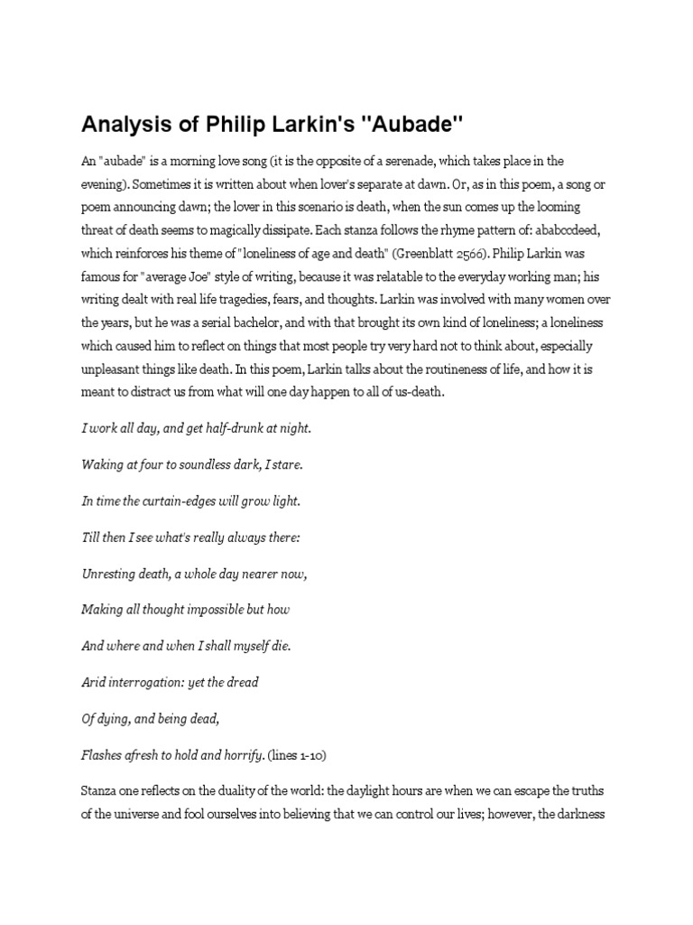 Analysis of Philip Larkin's "Aubade" | PDF | Poetry | Religion And Belief