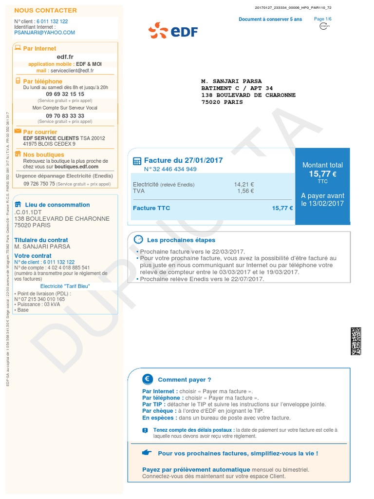 Facture EDF du 27/01/2017 - Détails et Paiement | PDF | Facture | Taxe ...