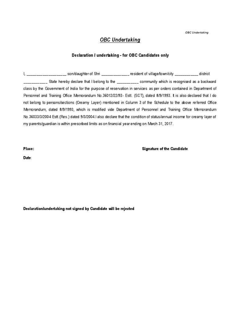 Declaration Undertaking For Obc Candidates Only Pdf
