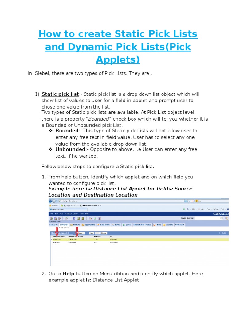 How To Create Static Pick Lists and Dynamic Pick Lists (Pick Applets) | PDF