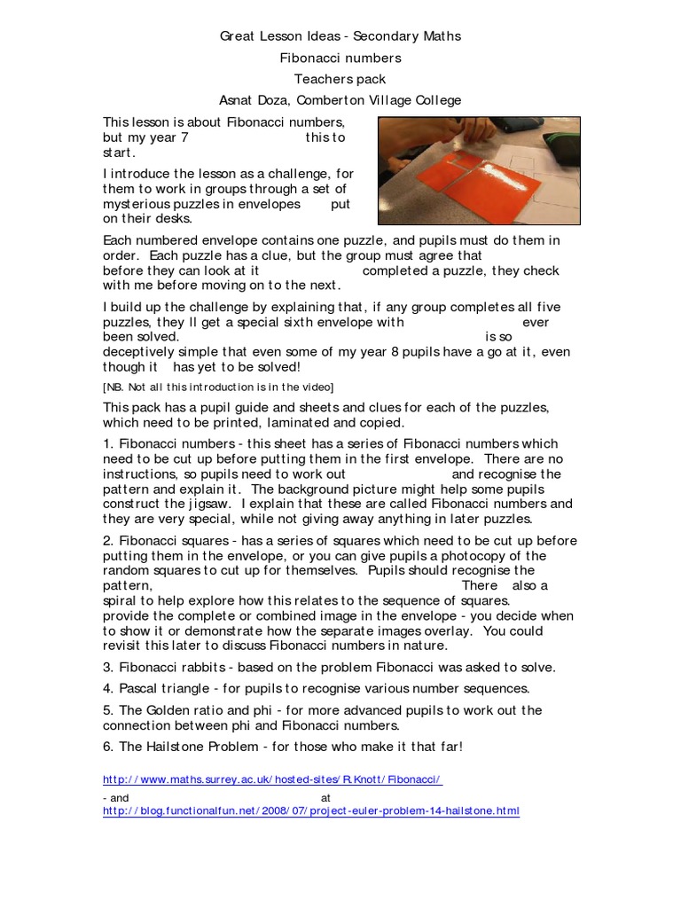 Fibonacci Numbers Lesson Plan | PDF