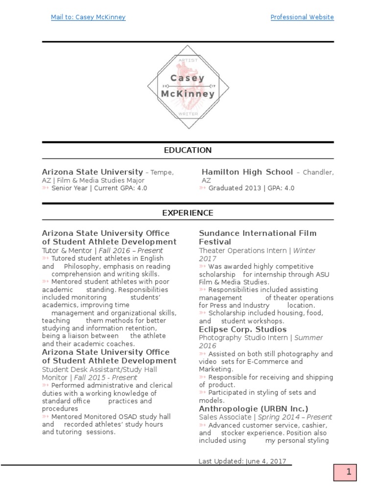 Education: Mail To: Casey Mckinney Professional Website | PDF | Arizona ...