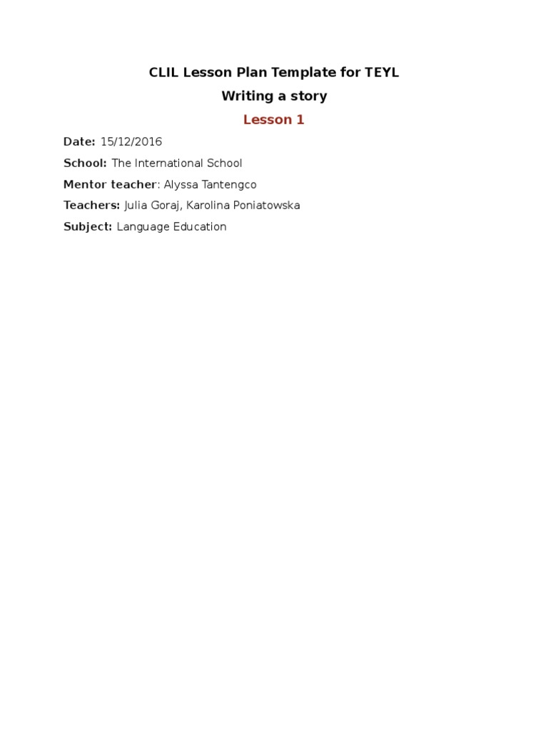 CLIL Lesson Plan Template For TEYL Writing A Story | PDF | Lesson Plan ...