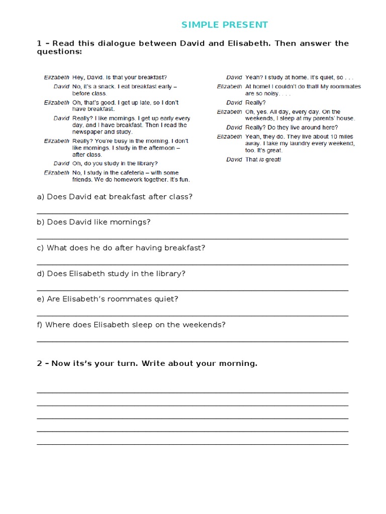 Simple Present: 1 - Read This Dialogue Between David and Elisabeth ...