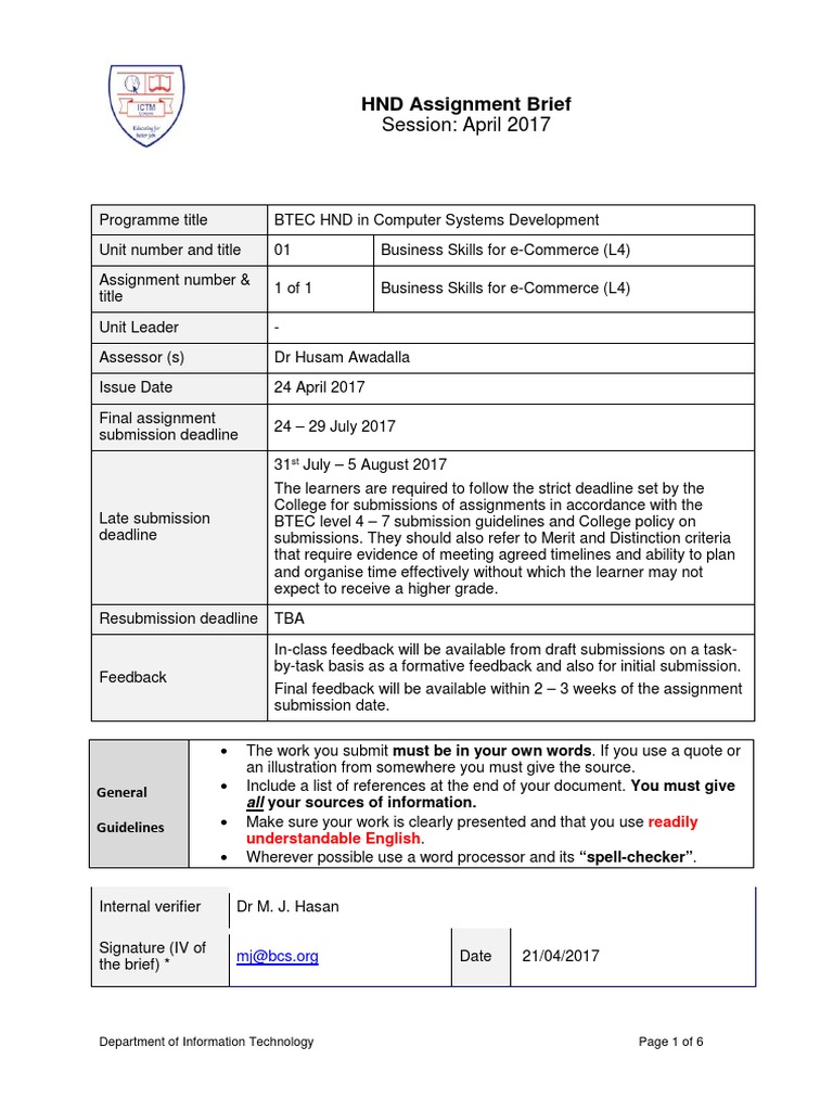 HND Assignment Brief: Session: April 2017 | PDF | E Commerce | Evaluation