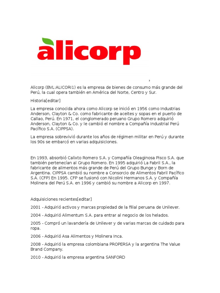 Historia y crecimiento de Alicorp Perú | PDF | Empresas | Bebidas