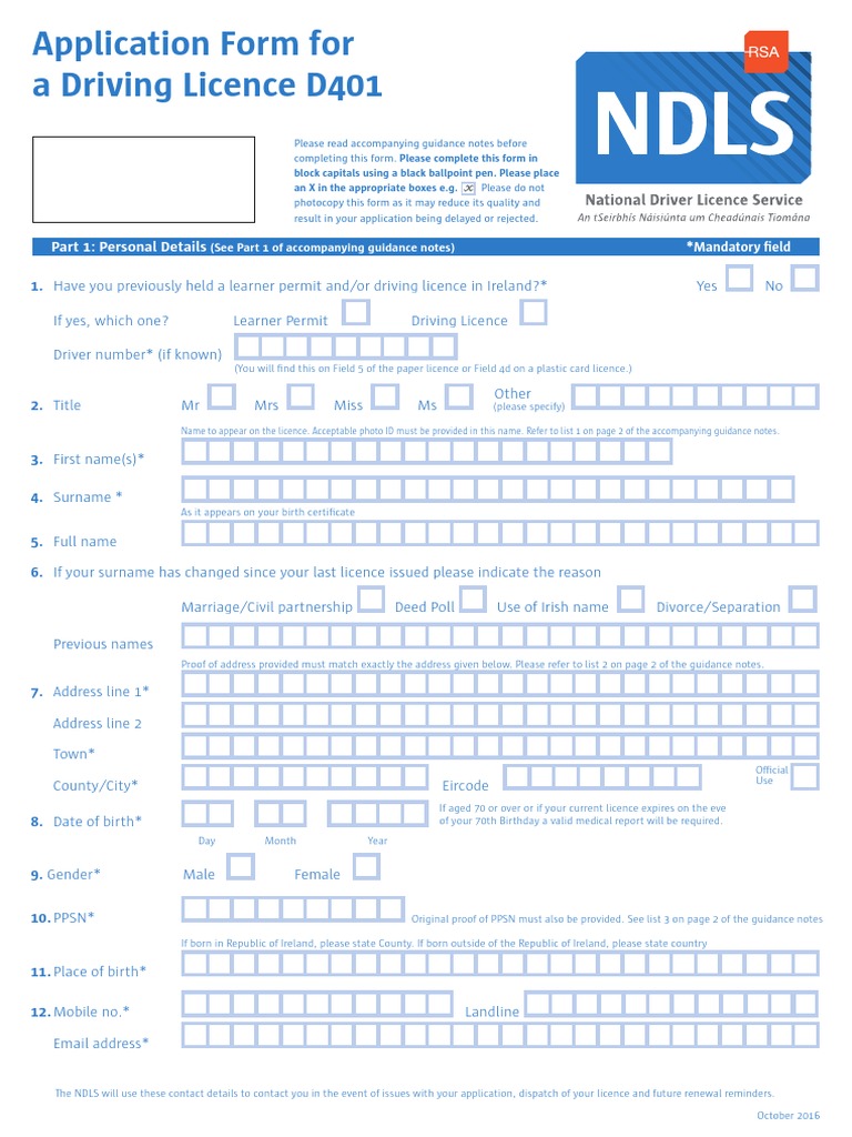 D401 Full Licence App Form | PDF | Driver's License | Land Transport