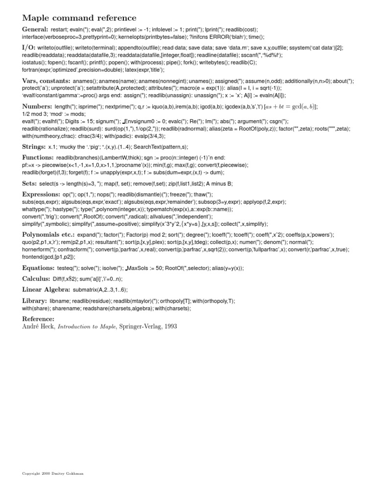 Maple Command Reference Guide | PDF | Abstract Algebra | Mathematical ...
