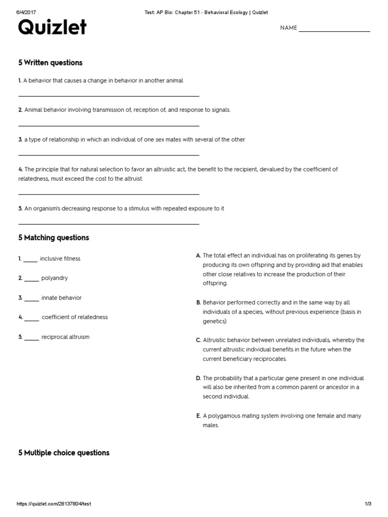 Test Ap Bio Chapter 51 - Behavioral Ecology Quizlet | PDF | Ethology ...
