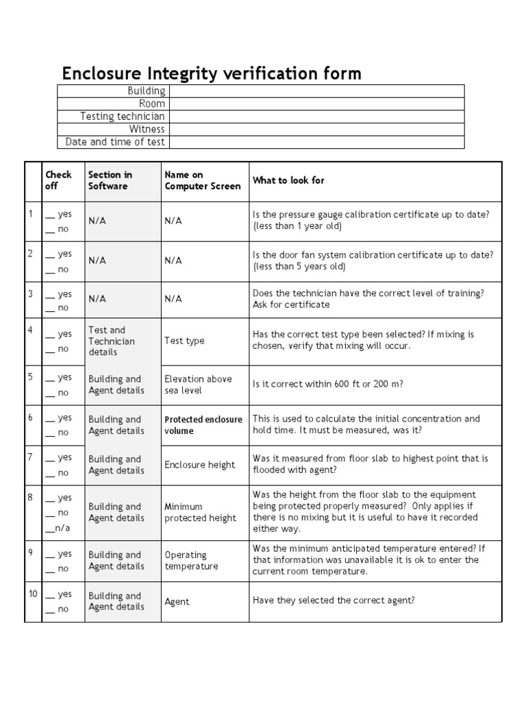 Enclosure Integrity Verification Form | PDF | Calibration | Nature