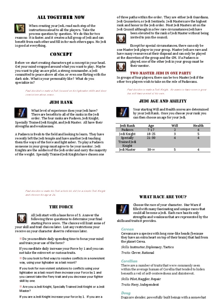 Star Wars Character Creation Revised Pdf Jedi Fictional