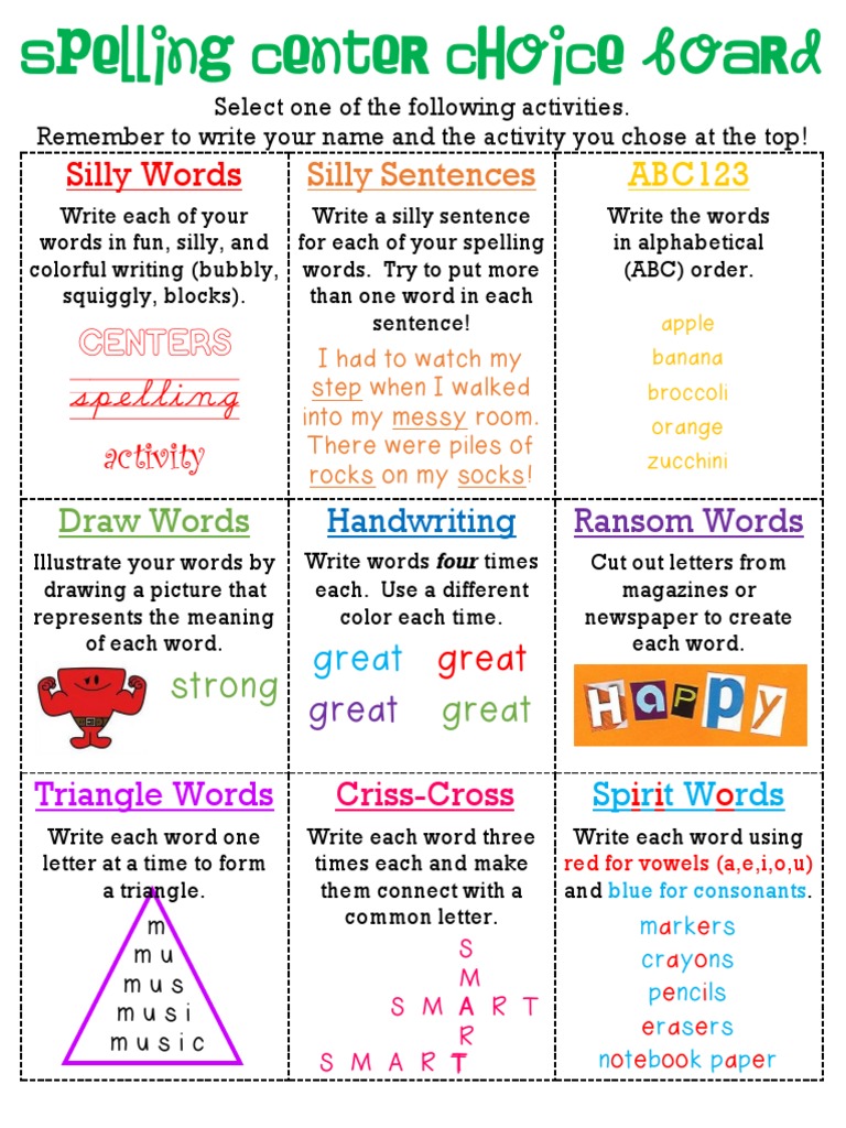 Spelling Center Choice Board: Centers Activity | PDF