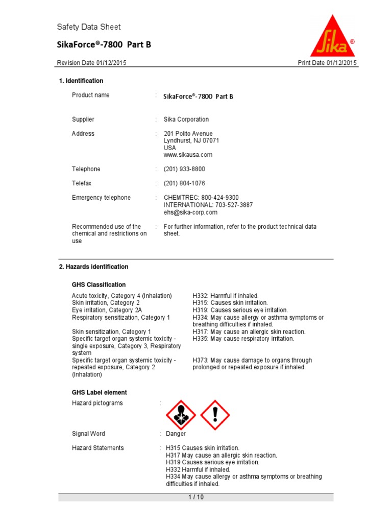 SikaForce®-7800 Part B-2 | PDF | Toxicity | Dangerous Goods